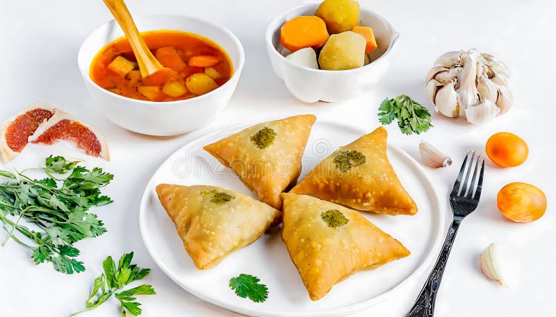 Assorted Delicacies: Soup, Boiled Vegetables, Samosas, Fresh Herbs, and ...