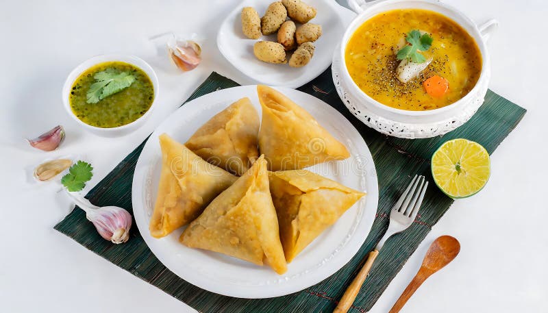 Assorted Delicacies: Soup, Boiled Vegetables, Samosas, Fresh Herbs, and ...
