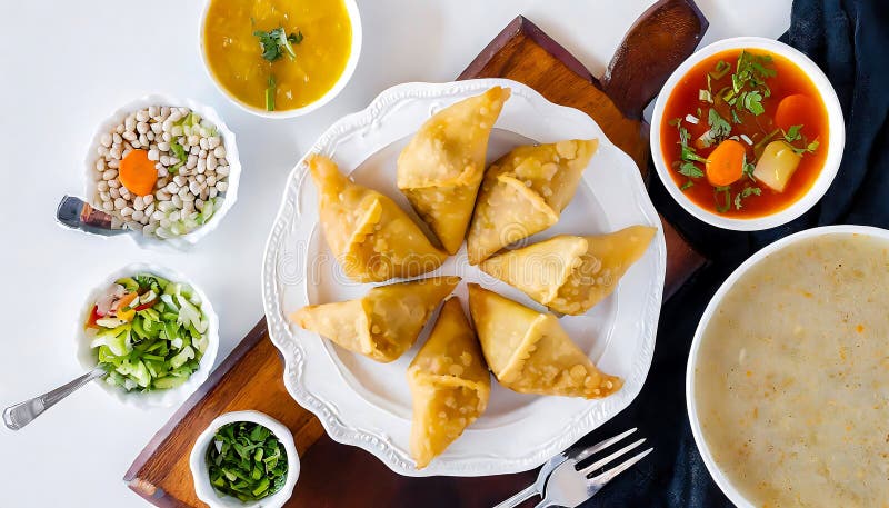 Assorted Delicacies: Soup, Boiled Vegetables, Samosas, Fresh Herbs, and ...