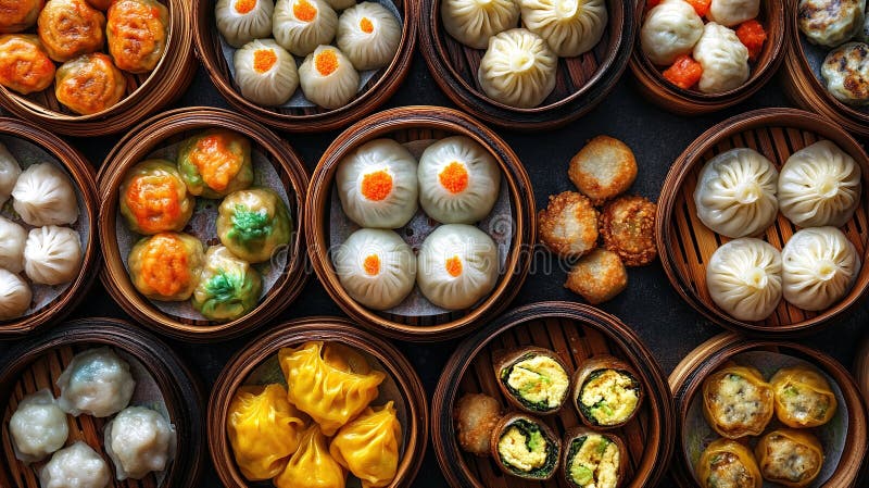 Assorted Delicious Dim Sum in Bamboo Steamers Stock Illustration ...