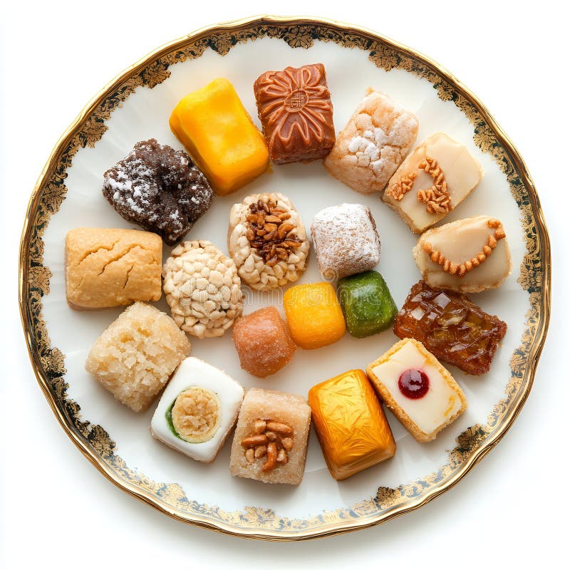 Assorted Delicious Gourmet Sweets on Elegant Plate Top View Stock ...