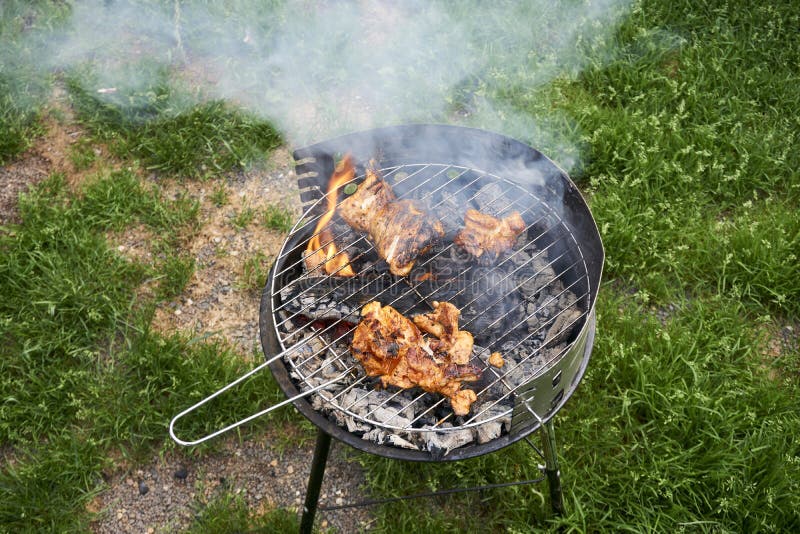 Assorted Delicious Grilled Meat Over the Coals on Barbecue Stock Image ...
