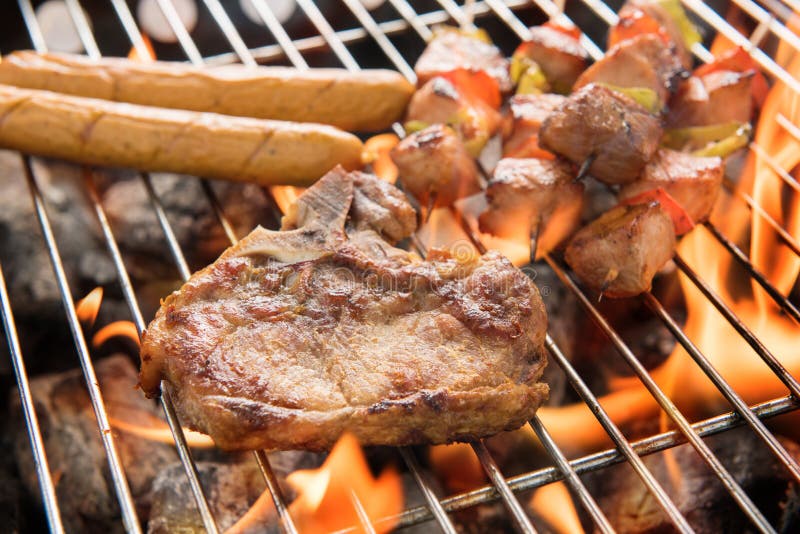 Assorted Delicious Grilled Meat Over the Coals on a Barbecue. Stock ...