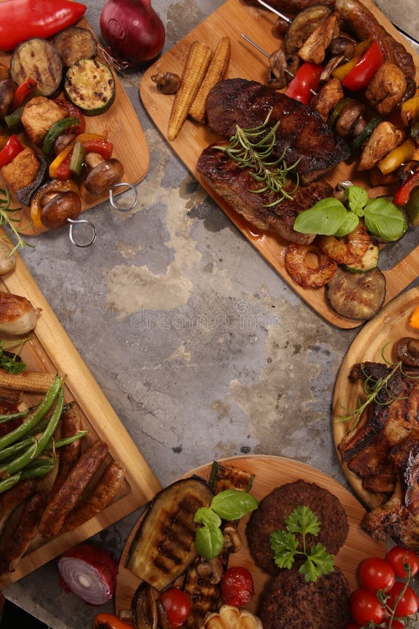 Assorted Delicious Grilled Meat with Vegetable on Rustic Table Stock ...