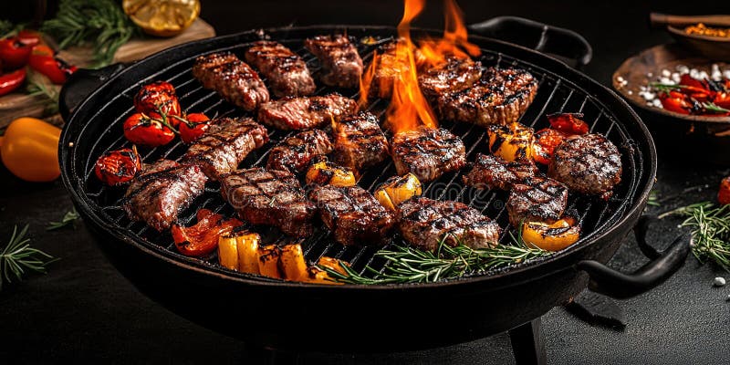 Assorted Delicious Grilled Meat with Vegetables Over the Coals on a ...