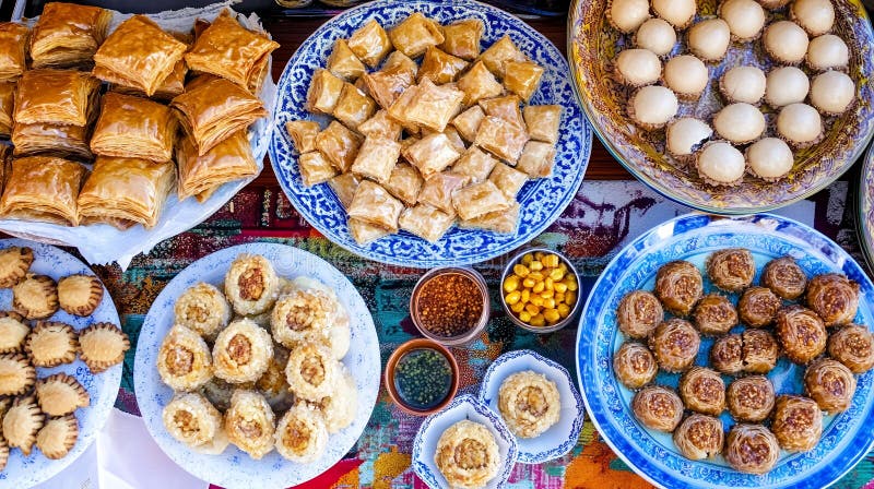 Assorted Delicious Middle Eastern Sweets and Pastries on Display Stock ...