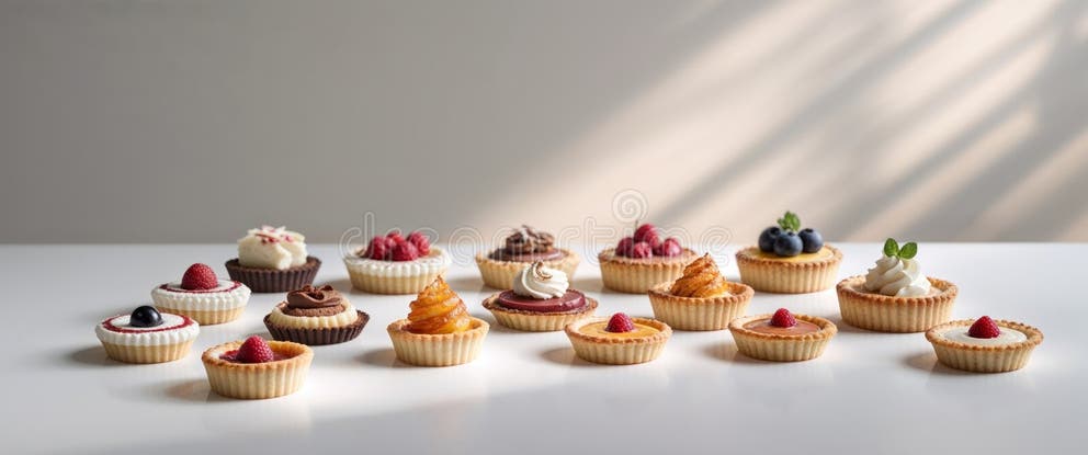 Assorted Delicious Mini Pastries and Tarts on a Clean White Surface ...