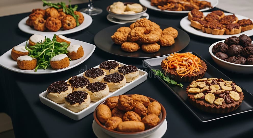 Assorted Desserts and Appetizers Displayed on Plates on Dark Table ...