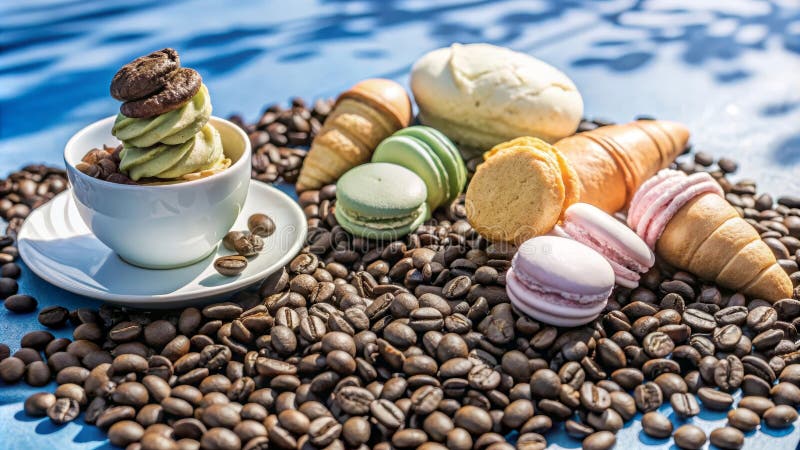 Assorted Desserts and Coffee Beans on a Blue Background Stock Image ...