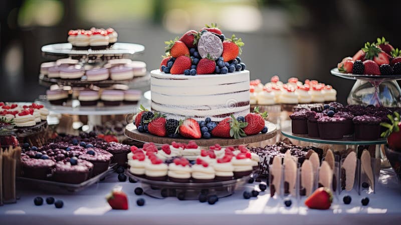 Assorted Desserts with Fresh Berries on a Table, Featuring a Layered ...