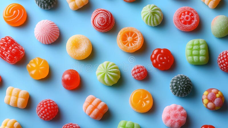 Assorted Colourful Shapes Candy Varieties Scattered on a Blue ...