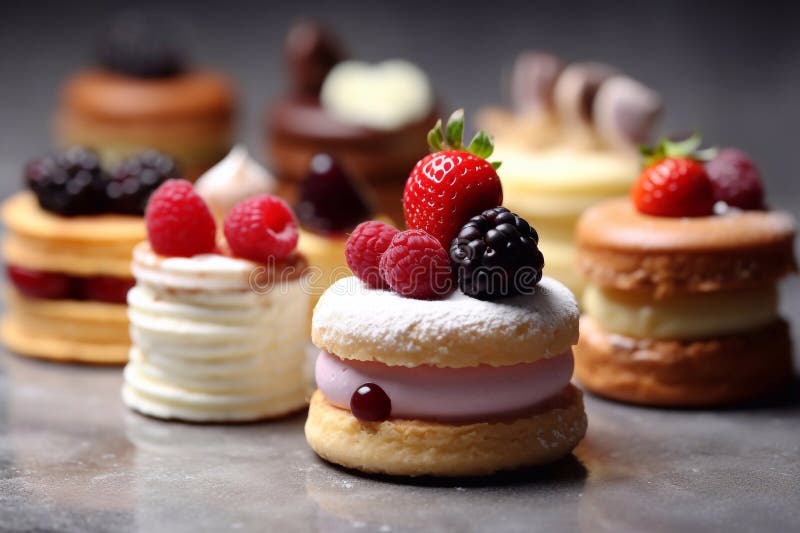 Assorted Different Mini Cakes with Cream, Chocolate and Berries Stock ...