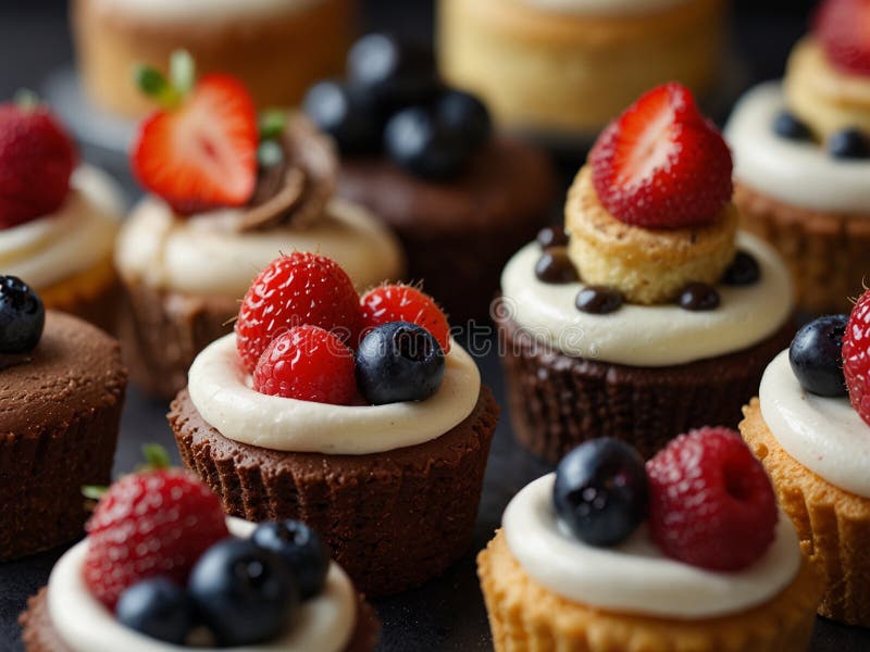 Assorted Different Mini Cakes with Cream, Chocolate and Berries Stock ...