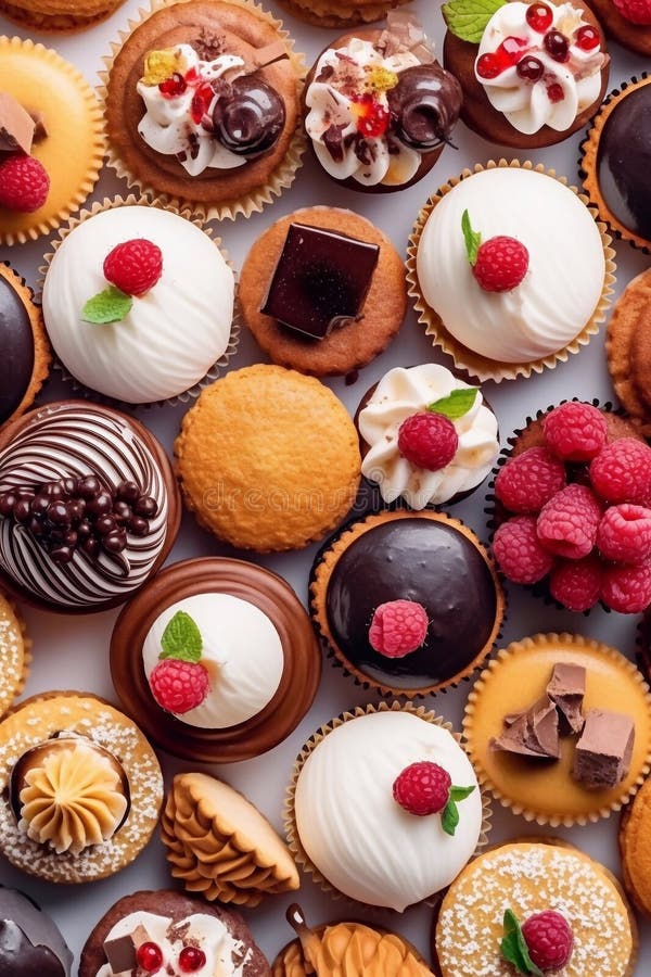 Assorted Different Mini Cakes with Cream, Chocolate and Berries Stock ...