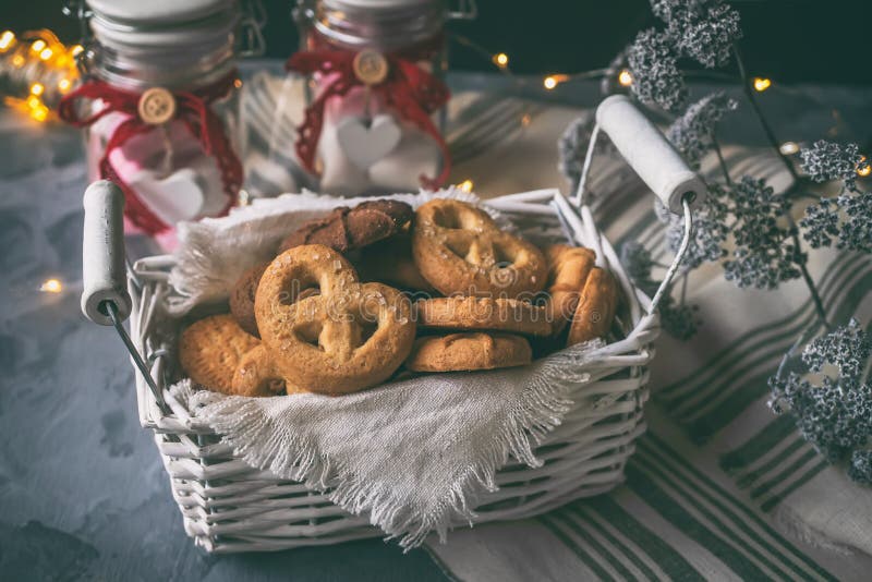 Assorted Different Types of Homemade Cookies in White Wicker Basket on ...