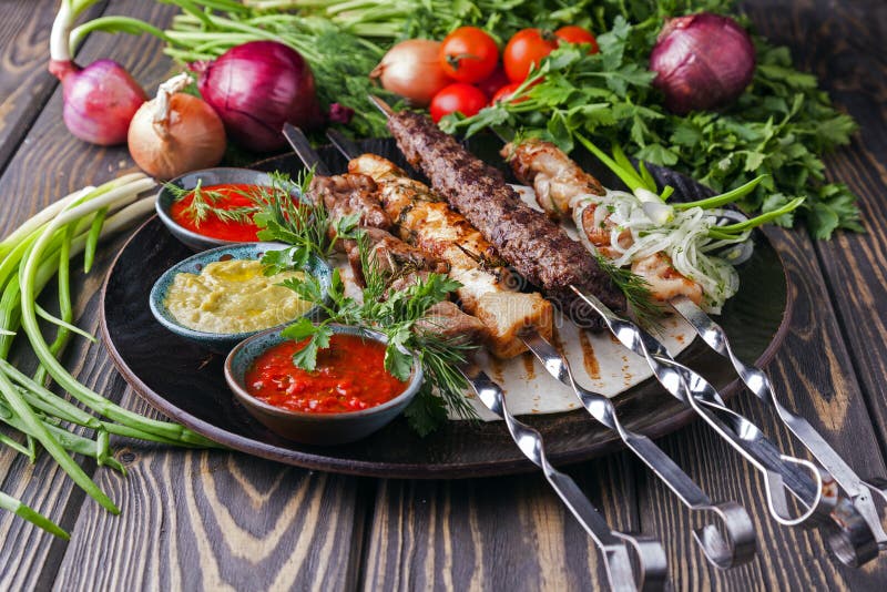 Assorted Different Types of Kebab Stock Photo - Image of meat, onions ...