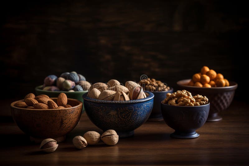 Assorted Different Types of Nuts on a Dark Background. Ai Generative ...