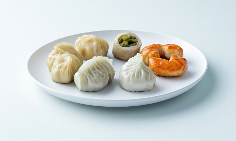 Assorted Dim Sum Dumplings, Buns, and Rolls on a White Plate with a ...