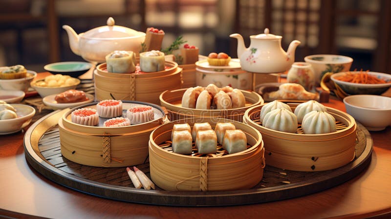 Assorted Dim Sum Feast on a Rotating Table Stock Illustration ...