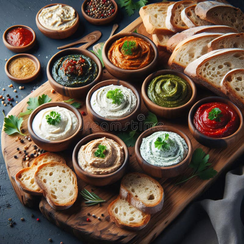 Assorted Dips, Crackers, Bread, Vegetables, and Spices Displayed on a ...