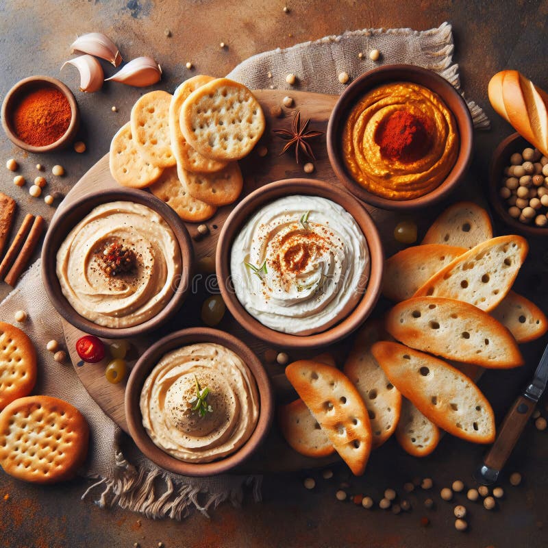 Assorted Dips, Crackers, Bread, Vegetables, and Spices Displayed on a ...