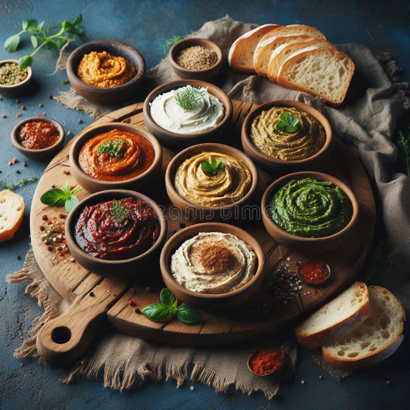 Assorted Dips, Crackers, Bread, Vegetables, and Spices Displayed on a ...
