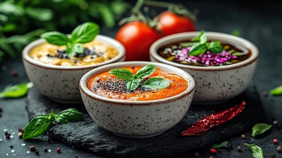 Assorted Dips, Fresh Herbs, and Vegetables Stock Image - Image of ...