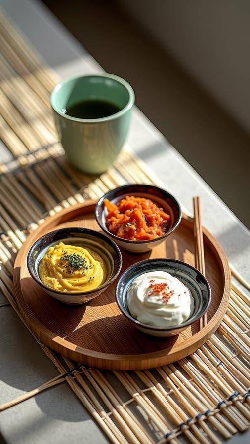 Assorted Dips and Green Tea on Wooden Tray with Bamboo Mat Stock Image ...