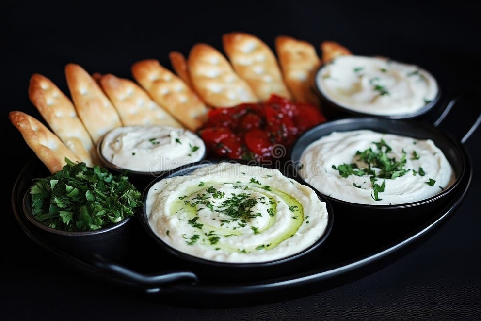 Assorted Dips with Pita Bread and Garnishes on Black Platter Stock ...