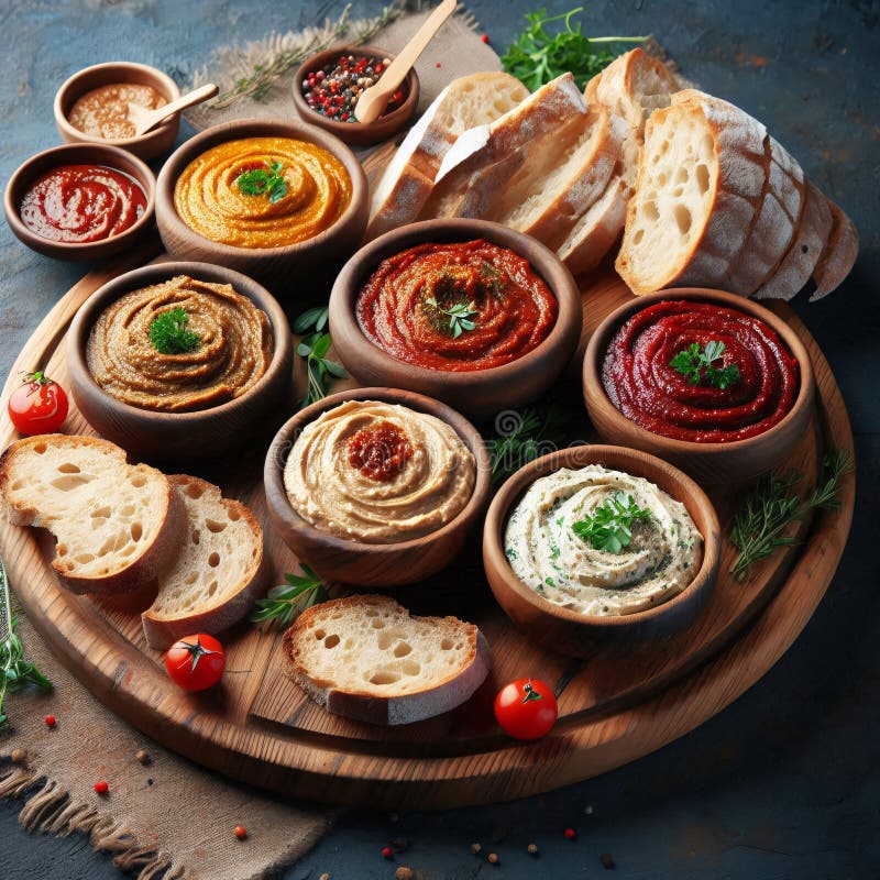 Assorted Dips on Rustic Wooden Board with Bread and Tomatoes Stock ...