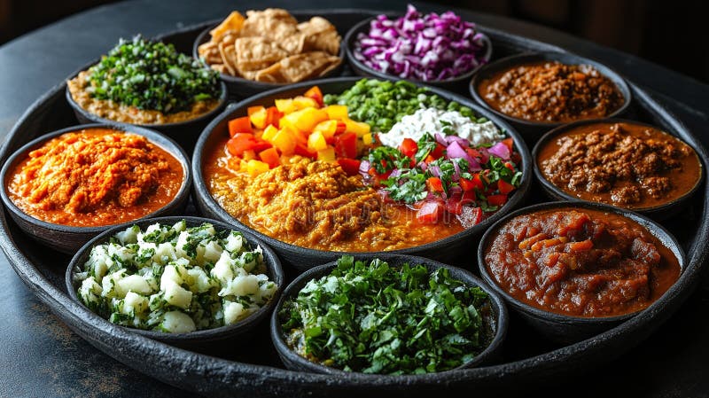 Assorted Dips and Toppings Arranged on a Dark Tray Stock Illustration ...