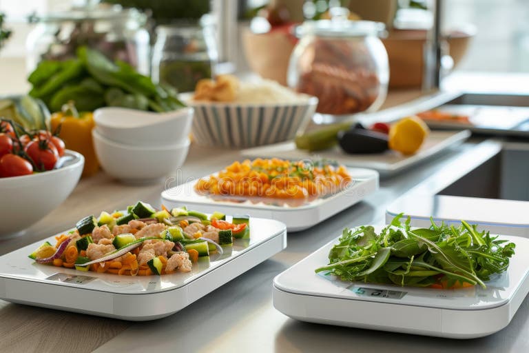 Assorted Dishes on a Table Each with a Digital Calorie Counter Scale ...