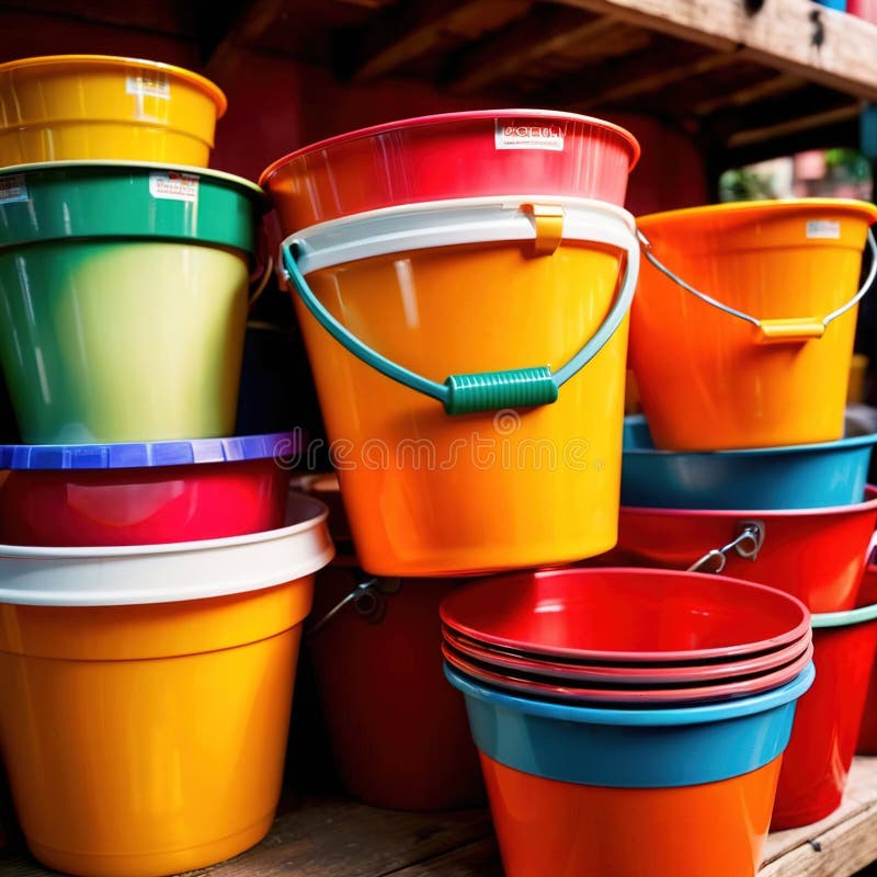 Assorted Diverse Bright Colorful Multicolored Plastic Buckets Stock ...