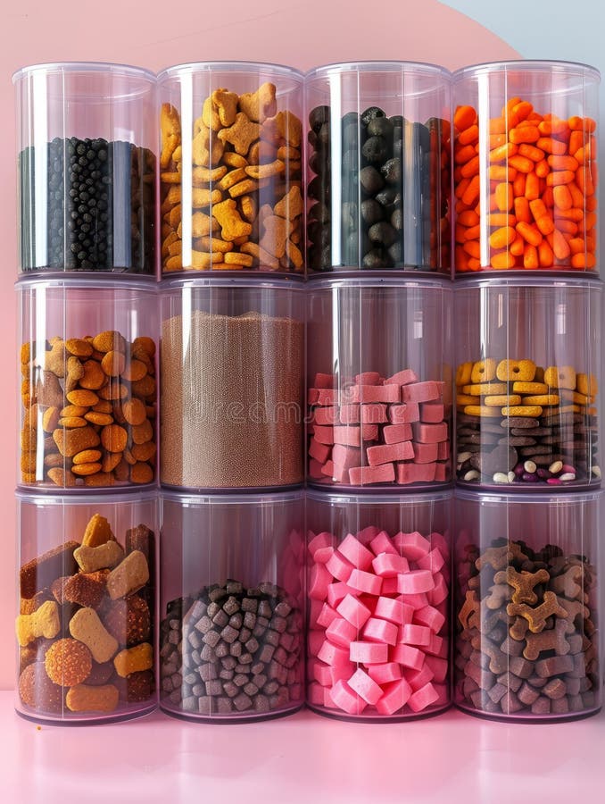 Assorted Dog Treats in Clear Containers on a Pink Background. Stock ...