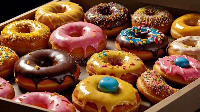 Assorted Colorful Donuts in a Box, Glazed and Sprinkled, Sweet ...