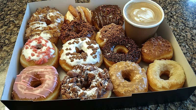 Assorted Donuts in a Box with Coffee Stock Illustration - Illustration ...