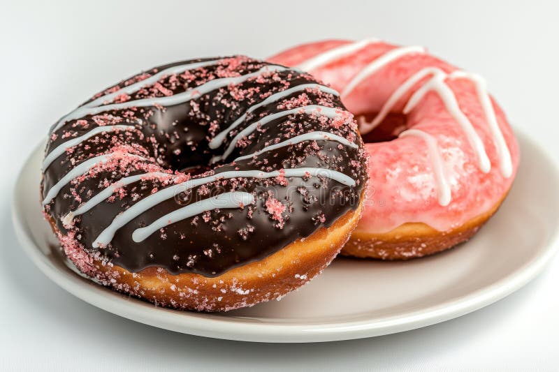 Assorted Donuts with Chocolate and Strawberry Glaze on a White Plate ...