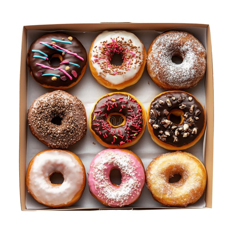 Assorted Donuts Colorful Icing Toppings Box Isolated White Transparent ...