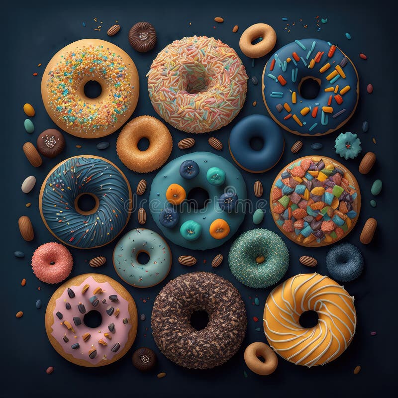 Assorted Donuts in Different Colors on a Dark Background.Generative AI ...