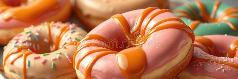 Colorful Glazed Donuts Topped with Caramel and Sprinkles on a Bright ...