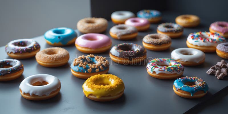 Assorted Donuts Featuring Various Toppings Arranged Beautifully on a ...