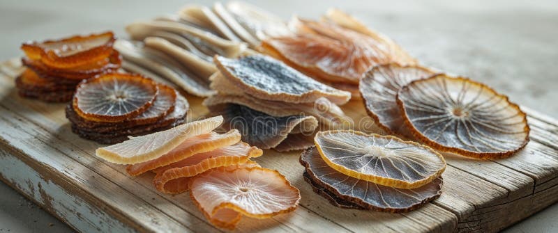 Assorted Dried Fish Slices on Wooden Board for Culinary Use Stock Photo ...