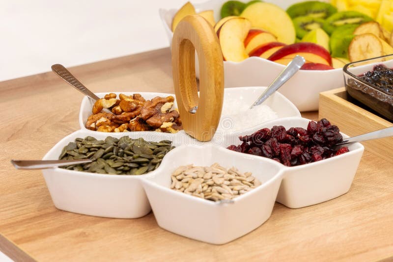 Assorted Dried Fruits, Nuts and Seeds, Hotel Buffet Breakfast Stock ...