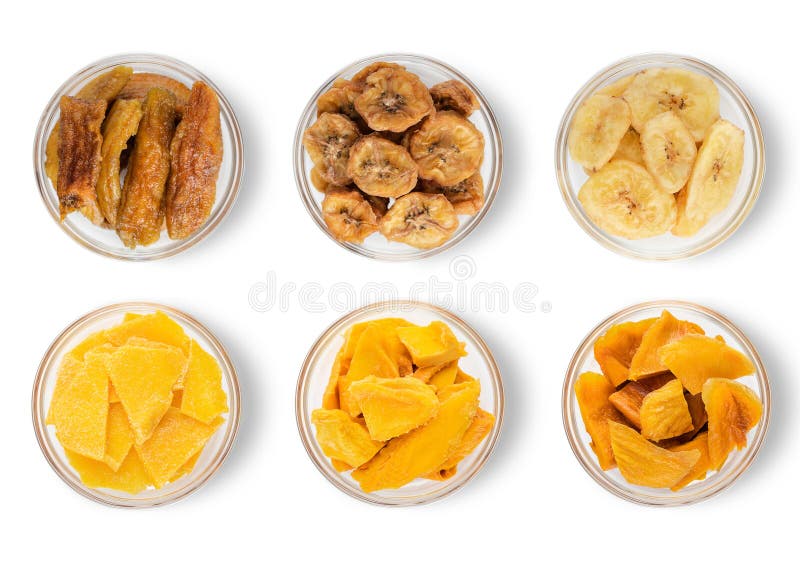 Assorted Dried Mango and Banana Slices and Bites on White Background ...
