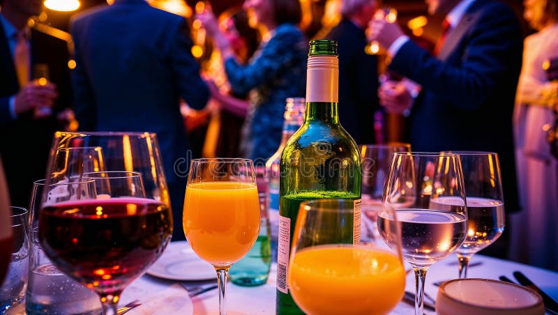 Assorted Drinks on Dinner Table Amidst a Lively Social Gathering Stock ...