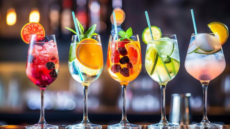 Assorted Drinks in Row of Glasses Stock Photo - Image of glassware ...