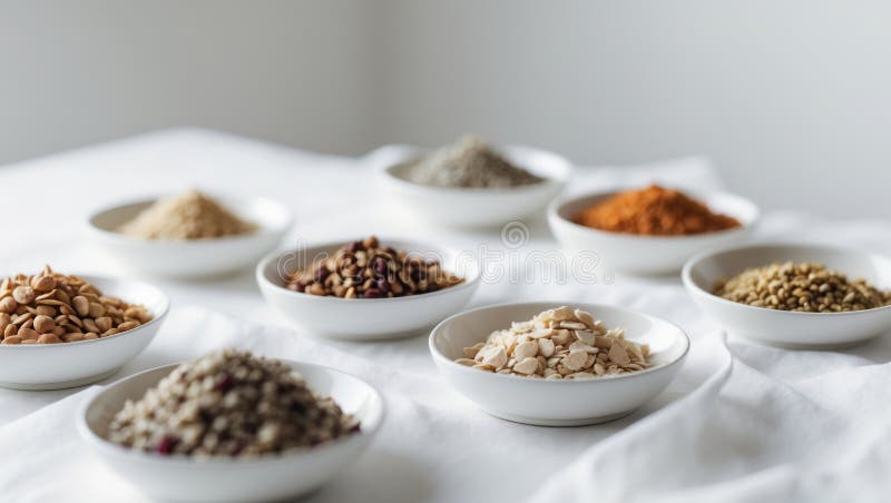 Assorted Dry Foods in Small Bowls on White Surface Stock Image - Image ...