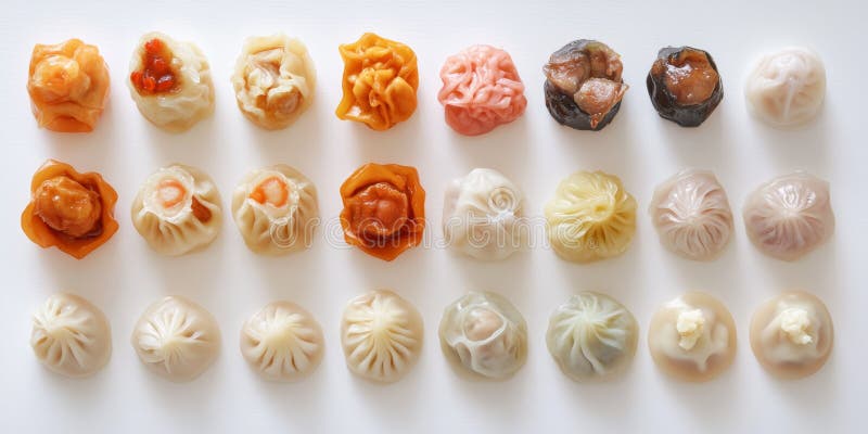 Assorted Dumplings with Various Fillings on White Background Stock ...