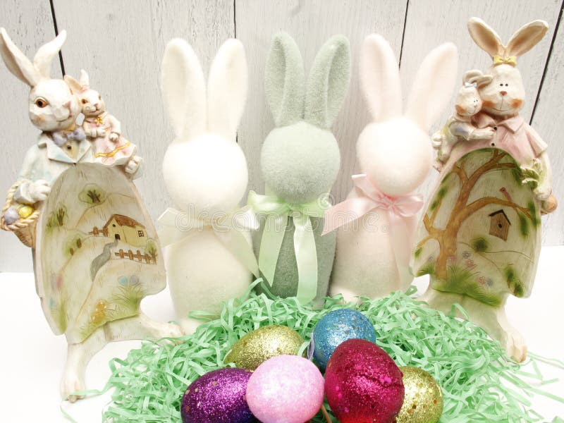 Assorted Easter Bunnies, Sparkly Bright Colored Easter Eggs Stock Photo ...