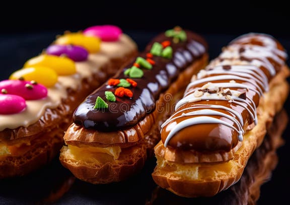Assorted Eclairs with Chocolate and Various Candy Toppings.Macro.AI ...